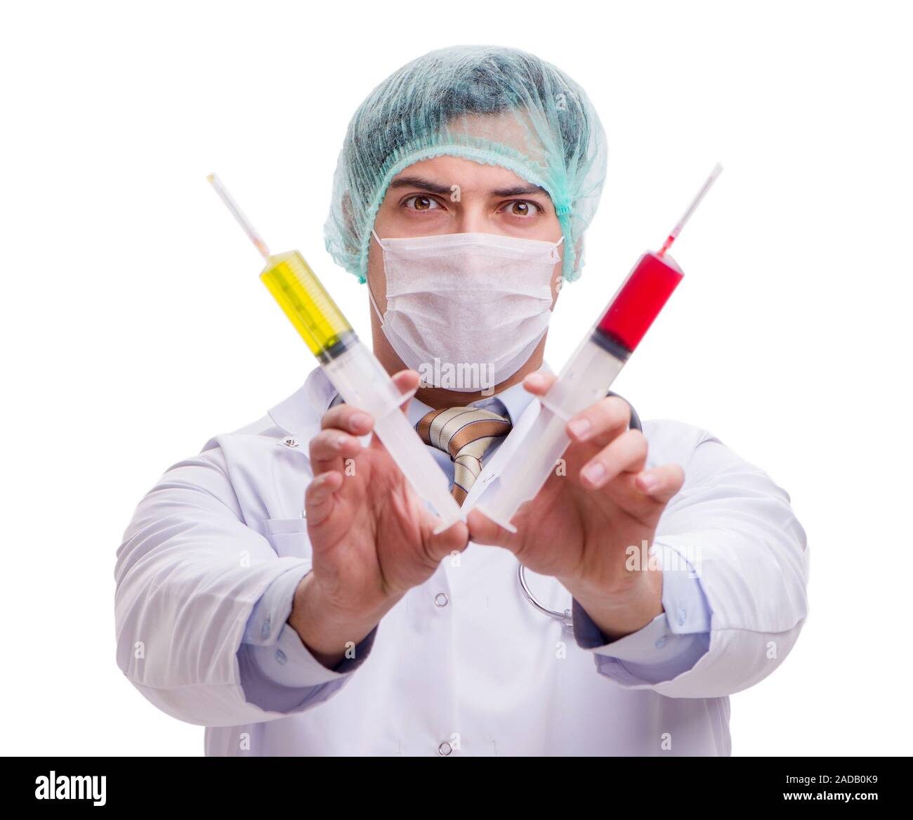 Funny doctor with syringe isolated on white Stock Photo - Alamy