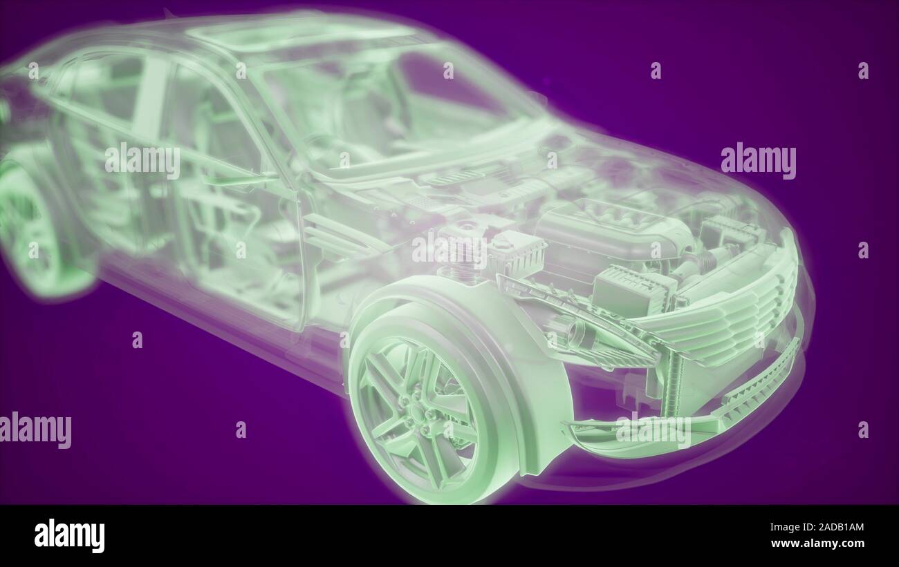 Holographic animation of 3D wireframe car model with engine Stock Photo ...