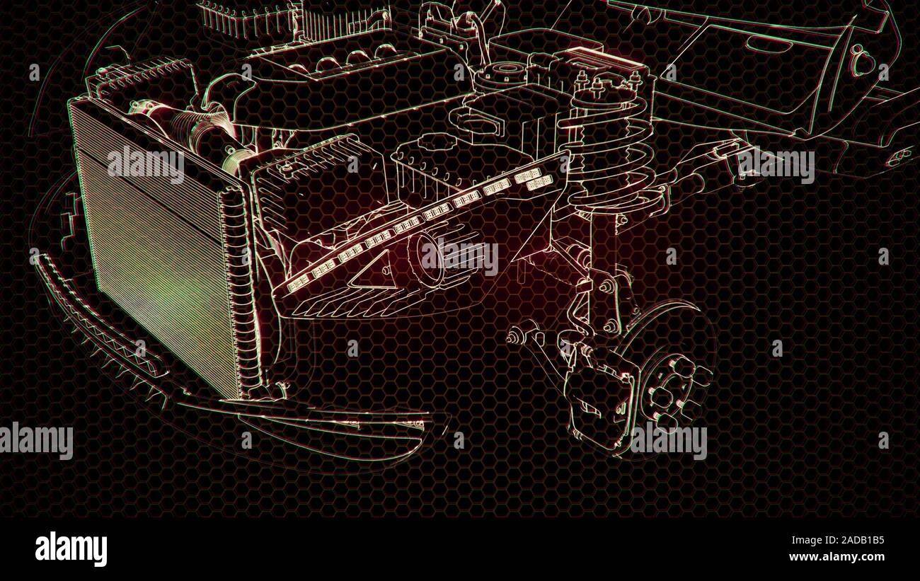 Holographic animation of 3D wireframe car model with engine Stock Photo ...