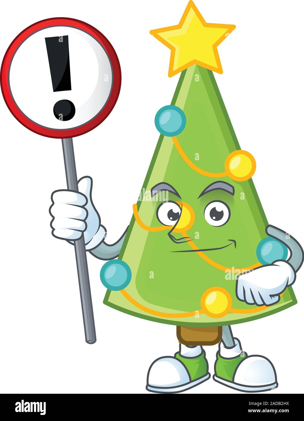 Cartoon style of christmas tree decoration with sign in his hand Stock ...