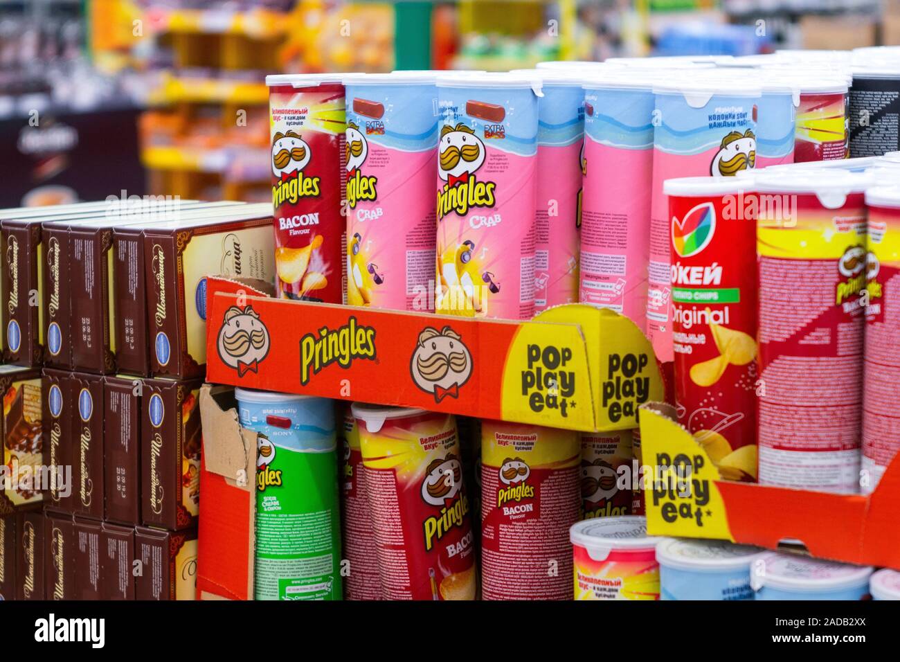 Tyumen, Russia-October 15, 2019: Pringles potato chips on the shelves ...