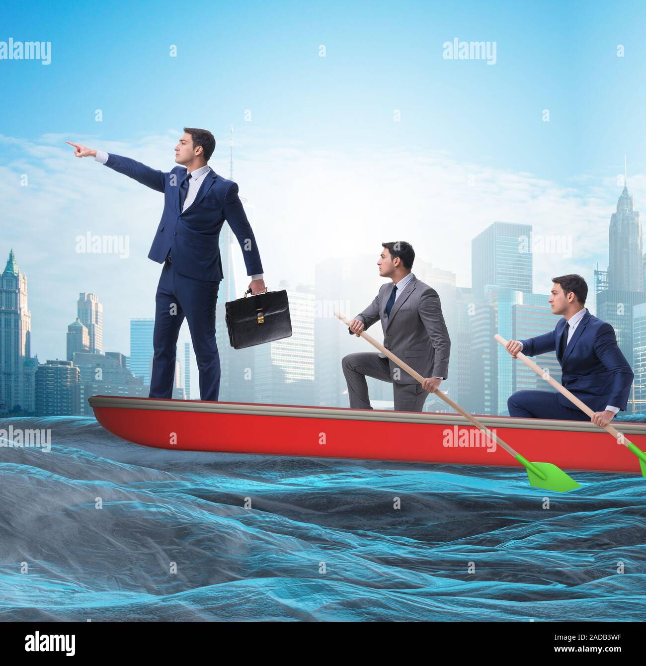 Team of businessmen in teamwork concept with boat Stock Photo - Alamy