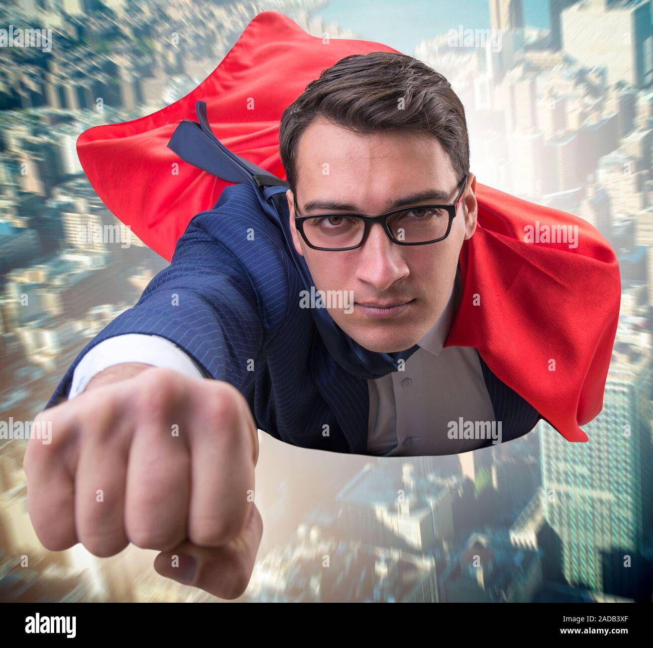 Flying super hero over the city Stock Photo - Alamy