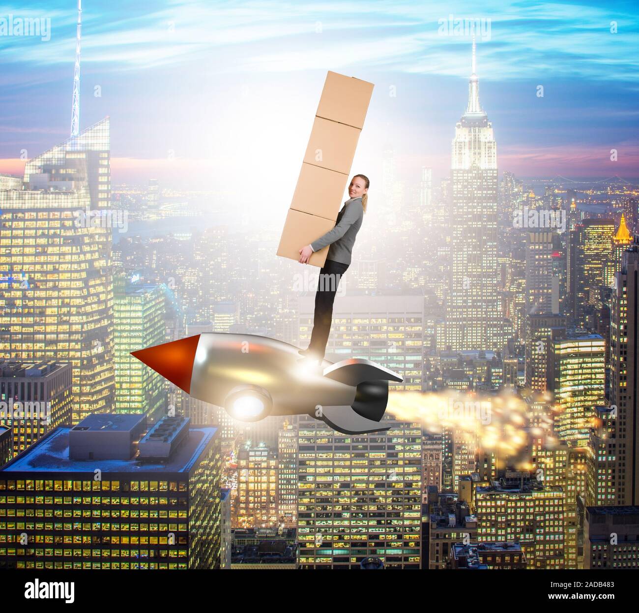 Woman flying rocket and delivering boxes Stock Photo - Alamy