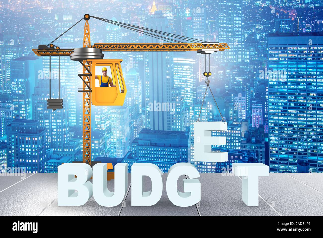 Crane lifting letter in budgeting concept Stock Photo - Alamy