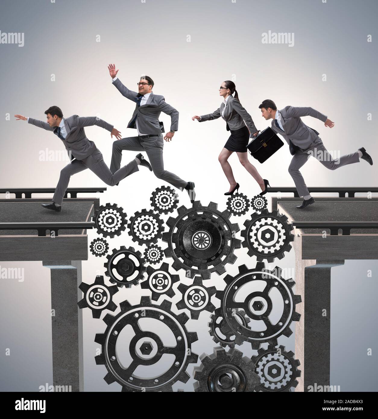 Business people crossing the bridge with cogwheels hi-res stock ...