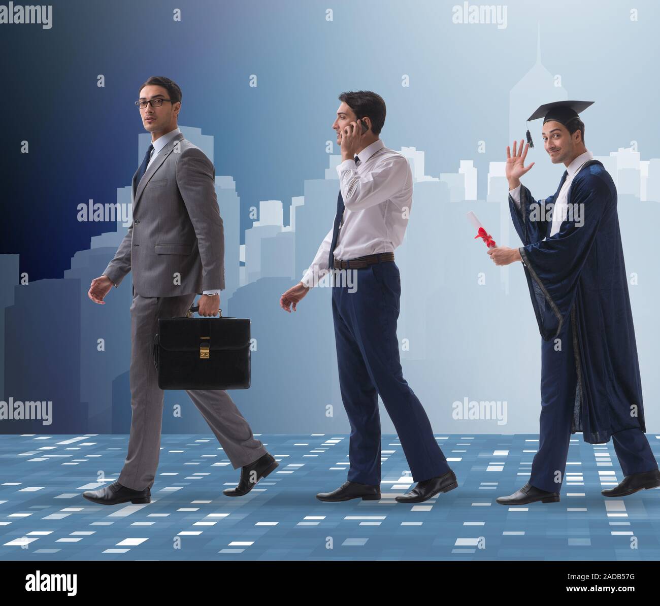 Business concept with man progressing through stages Stock Photo - Alamy
