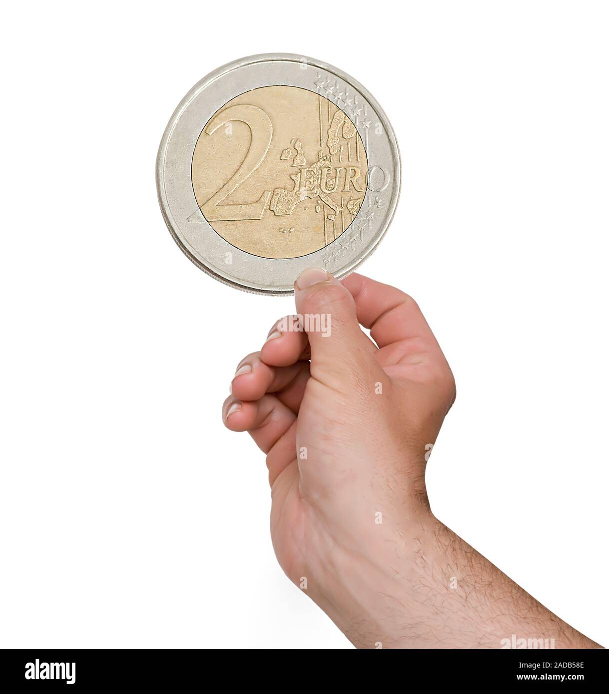 Two euro in hand isolated on white background Stock Photo - Alamy