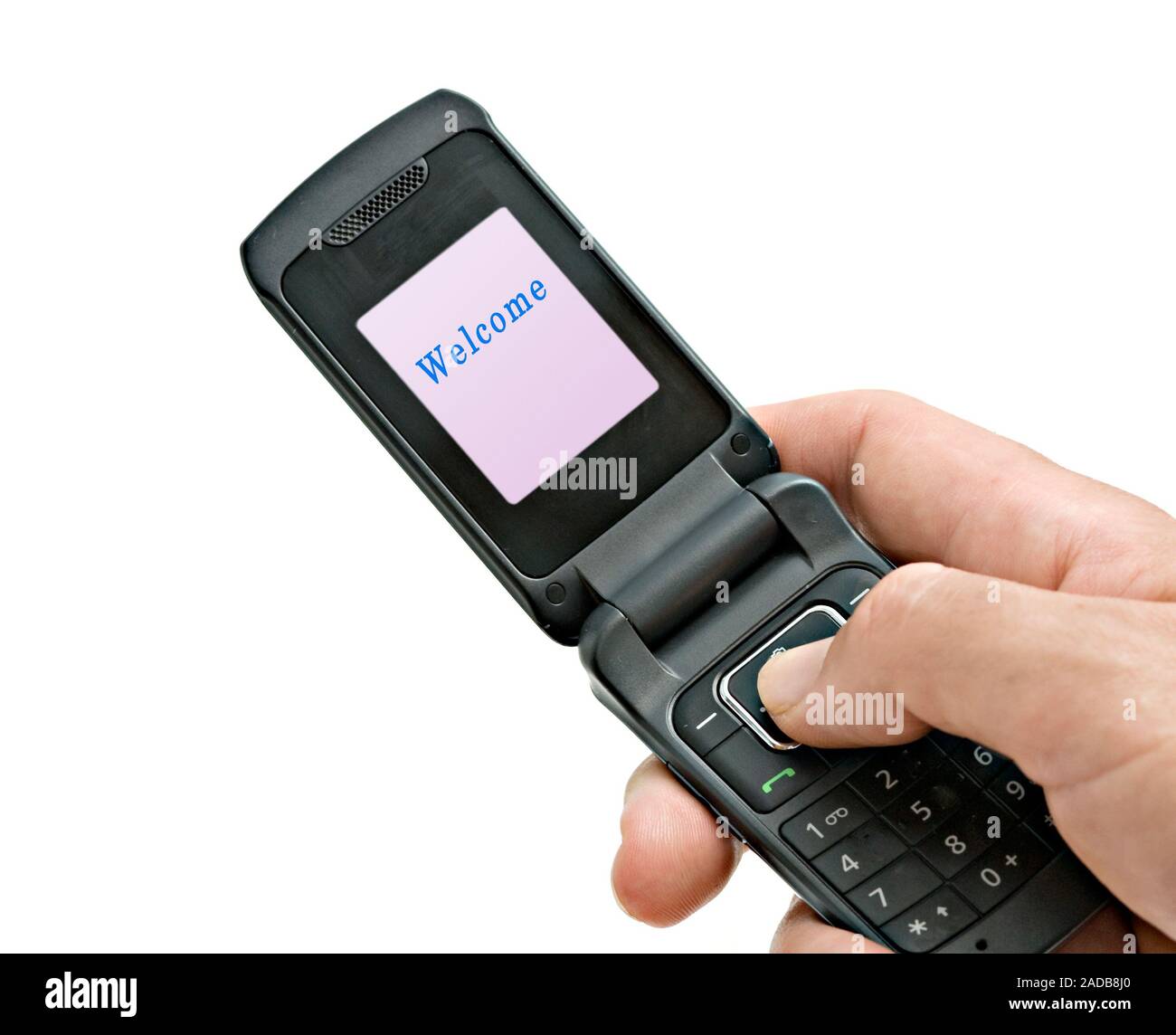Mobile phone with "Welcome" shown on its screen Stock Photo - Alamy
