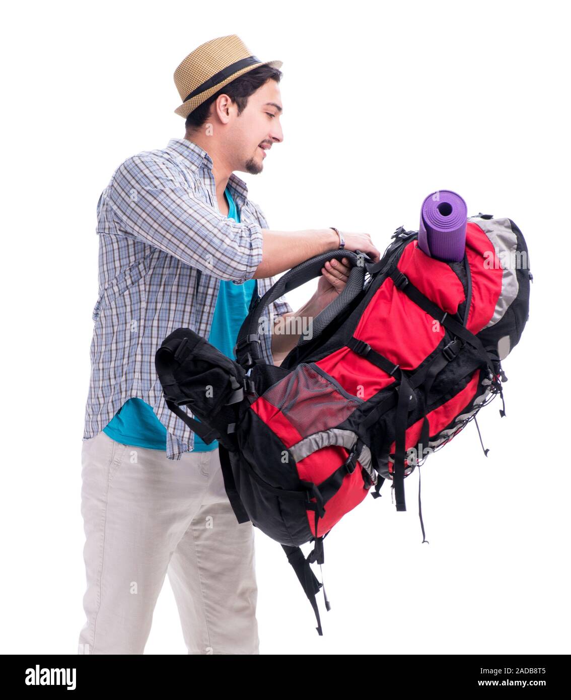 Backpacker with large backpack isolated on white Stock Photo - Alamy