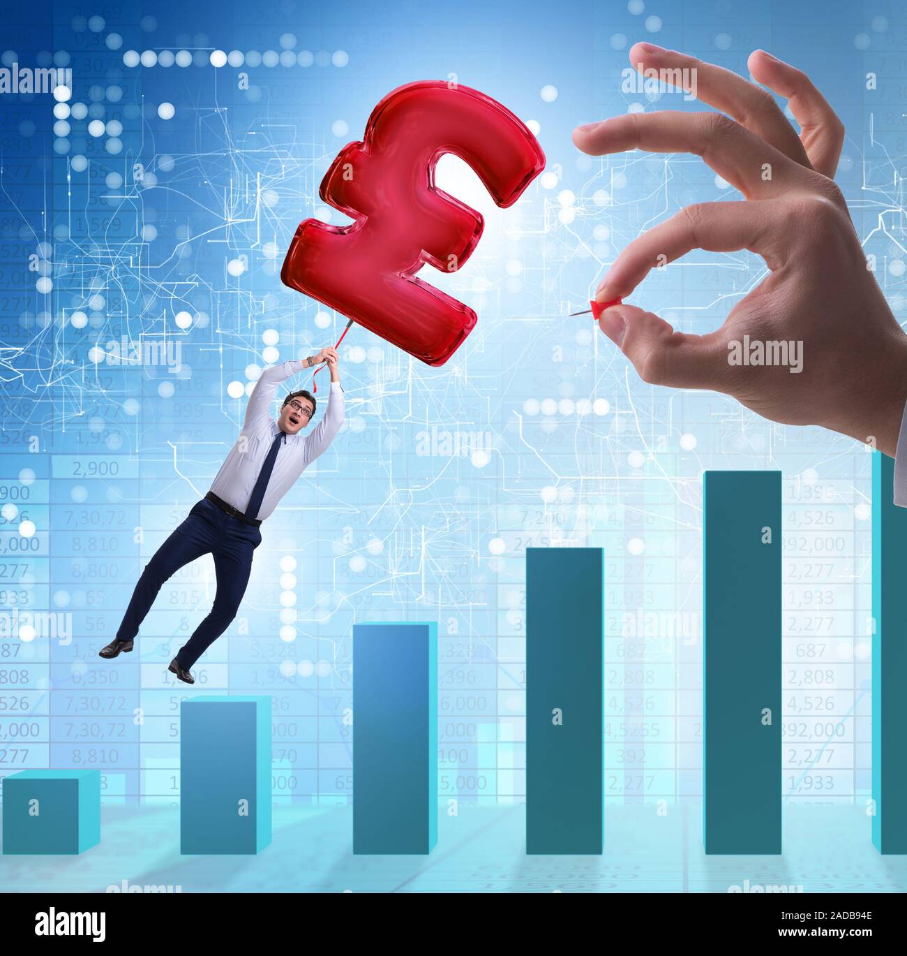 Businessman flying on british pound sign inflatable balloon Stock Photo ...