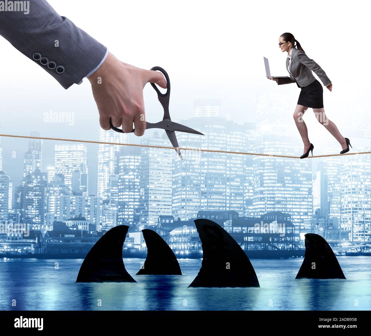 Hand cutting rope in Business risk concept Stock Photo - Alamy