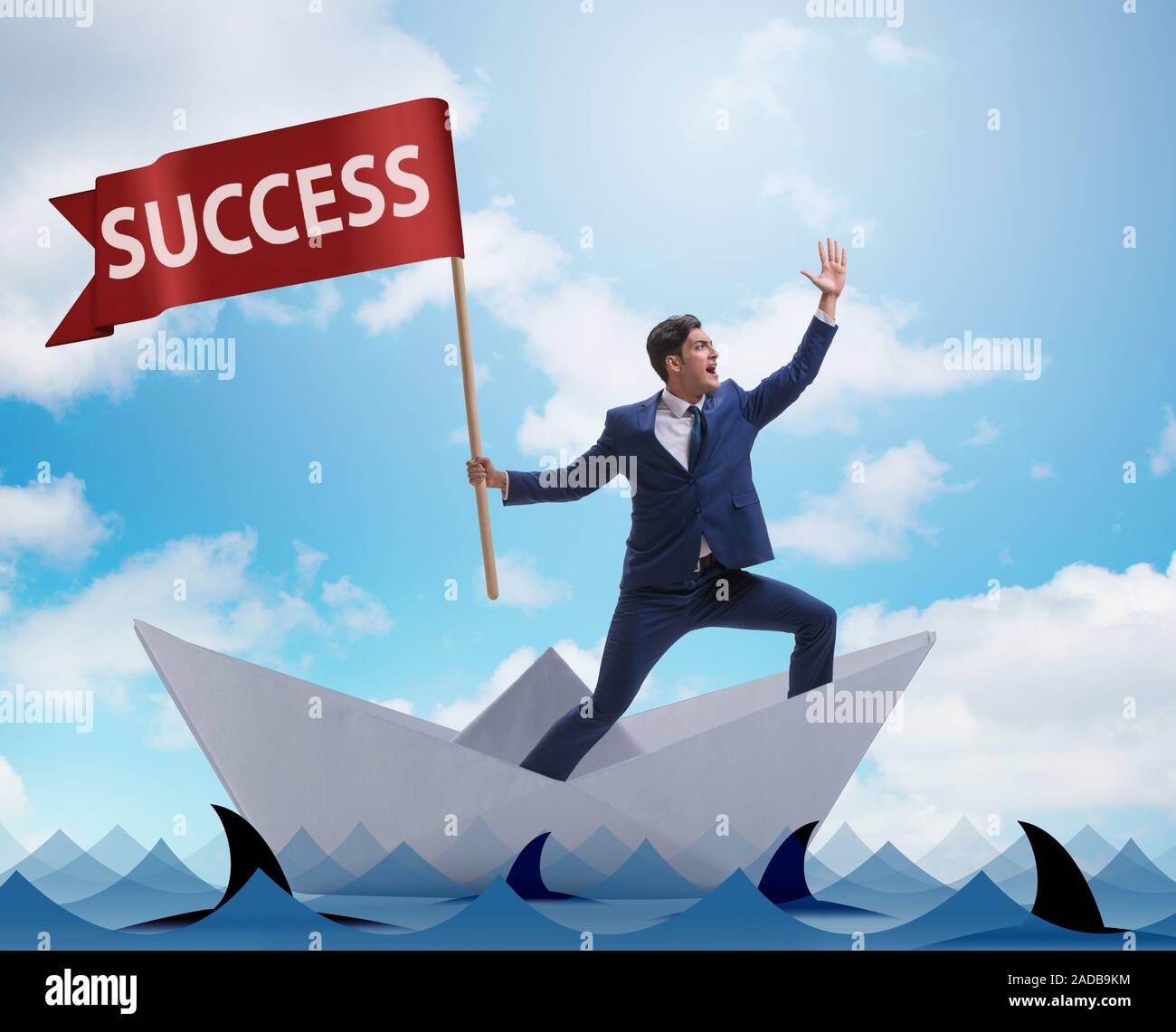 Businessman riding paper boat ship in success concept Stock Photo - Alamy