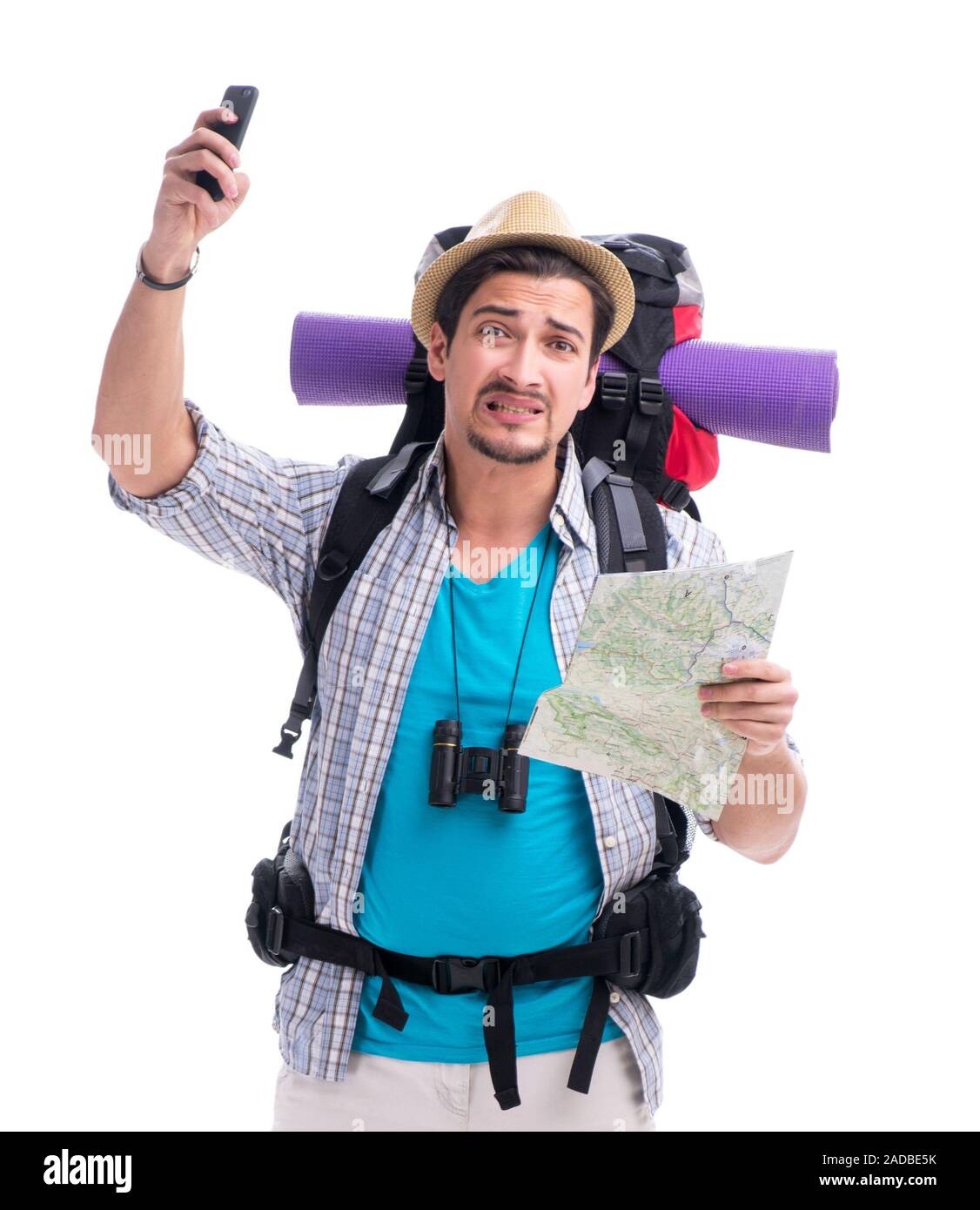 Man lost and looking for direction with map on white Stock Photo - Alamy