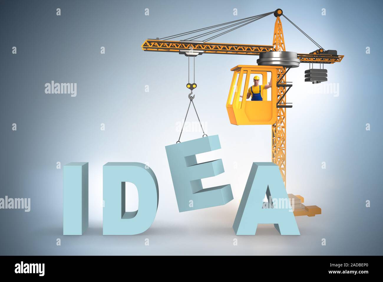 Crane lifting the word idea up Stock Photo - Alamy