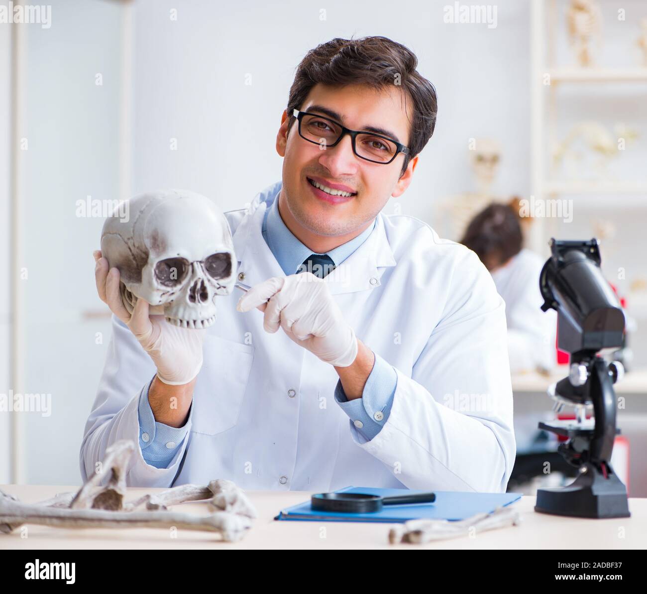 Professor studying human skeleton in lab Stock Photo - Alamy