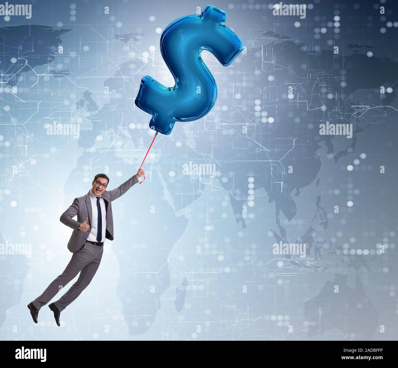Businessman flying on dollar sign inflatable balloon Stock Photo - Alamy