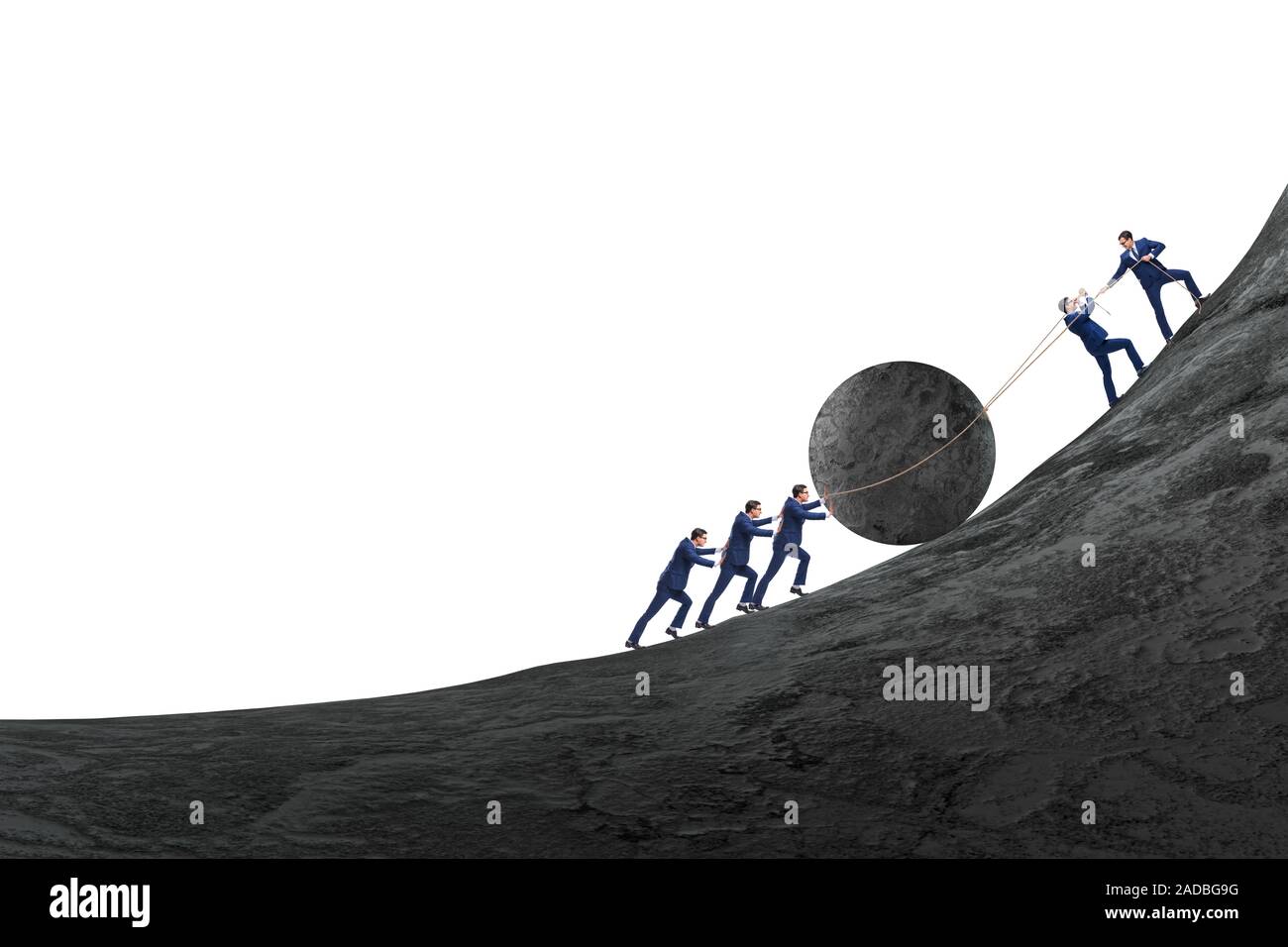 Teamwork example with Business people pushing stone to top Stock Photo ...