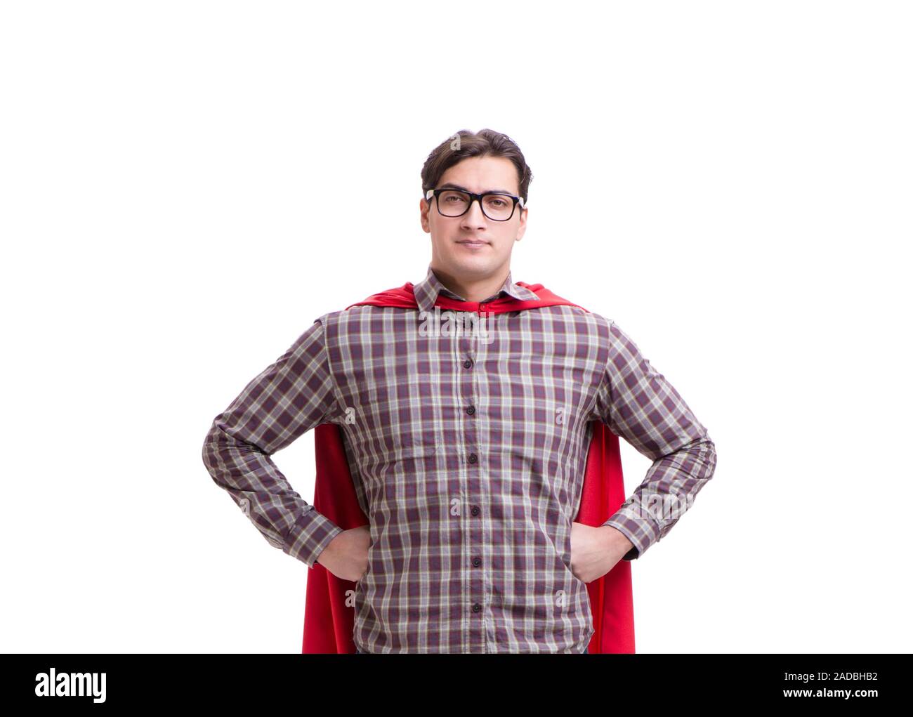 Super hero wearing red cloak on white Stock Photo - Alamy