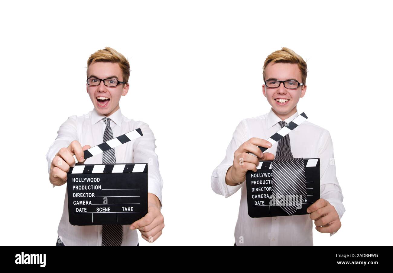 Funny man with movie board on white Stock Photo - Alamy