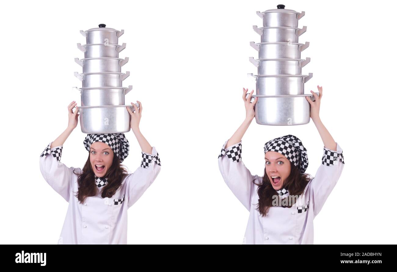 Cook with stack of pots on white Stock Photo - Alamy