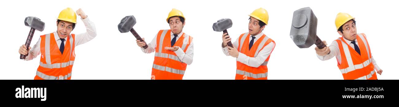 Construction worker with hammer isolated on white Stock Photo - Alamy