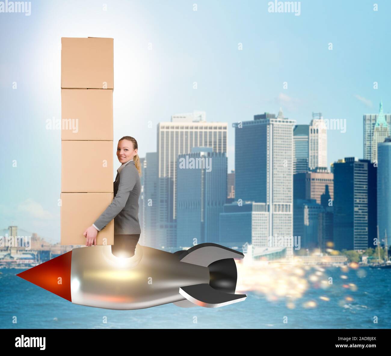 Woman flying rocket and delivering boxes Stock Photo - Alamy