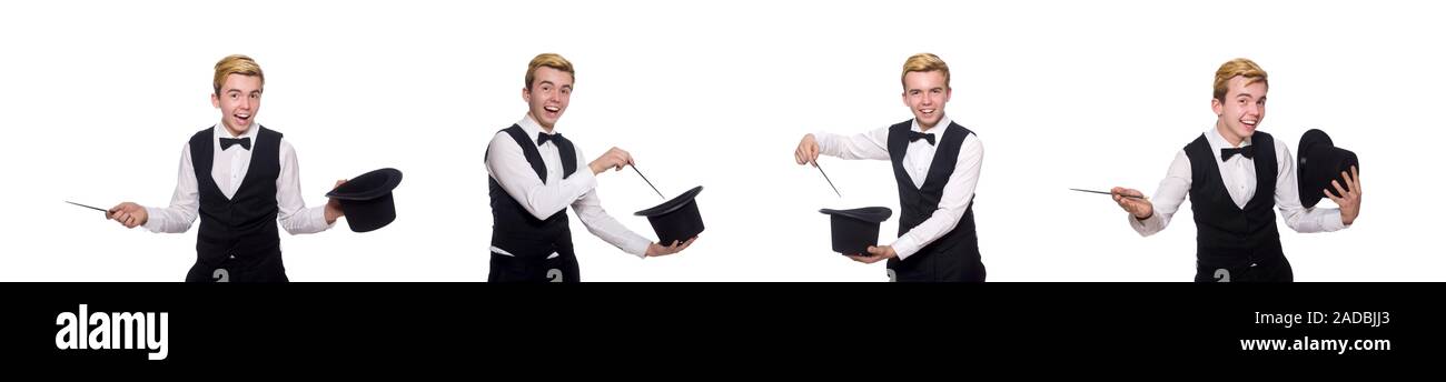Magician with magic stick isolated on white Stock Photo - Alamy