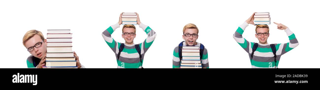 Funny student with stack of books Stock Photo - Alamy