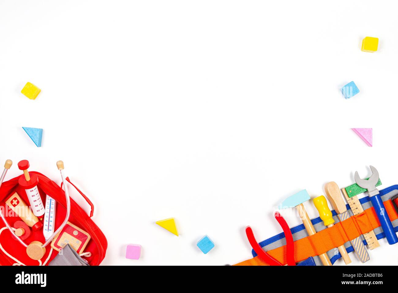 Kid toys background. Set of wooden construction tools and set of toy ...