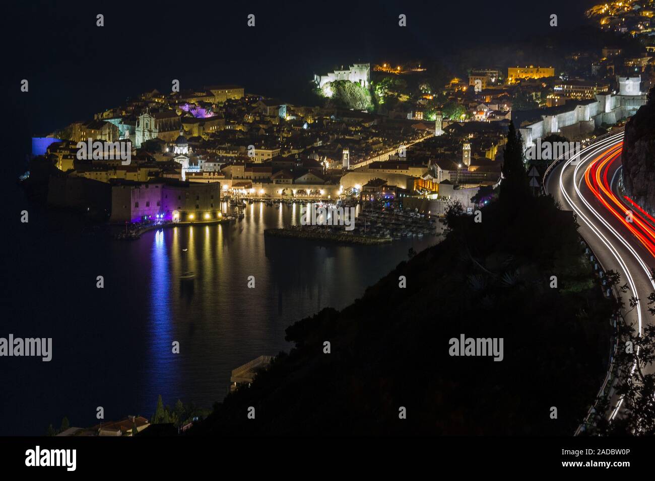 Night view from above upon old streets of Dubrovnik, Croatia Stock ...