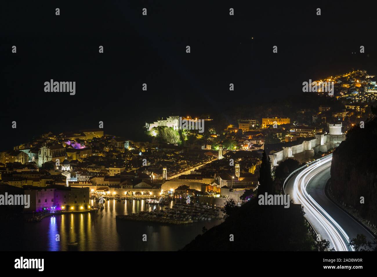 Night view from above upon old streets of Dubrovnik, Croatia Stock ...