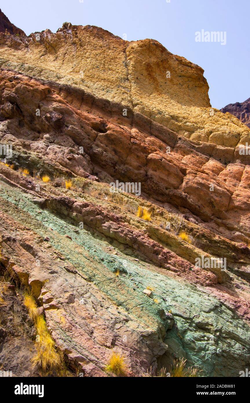 Different coloured rock strata in the volcanic central mountains of ...