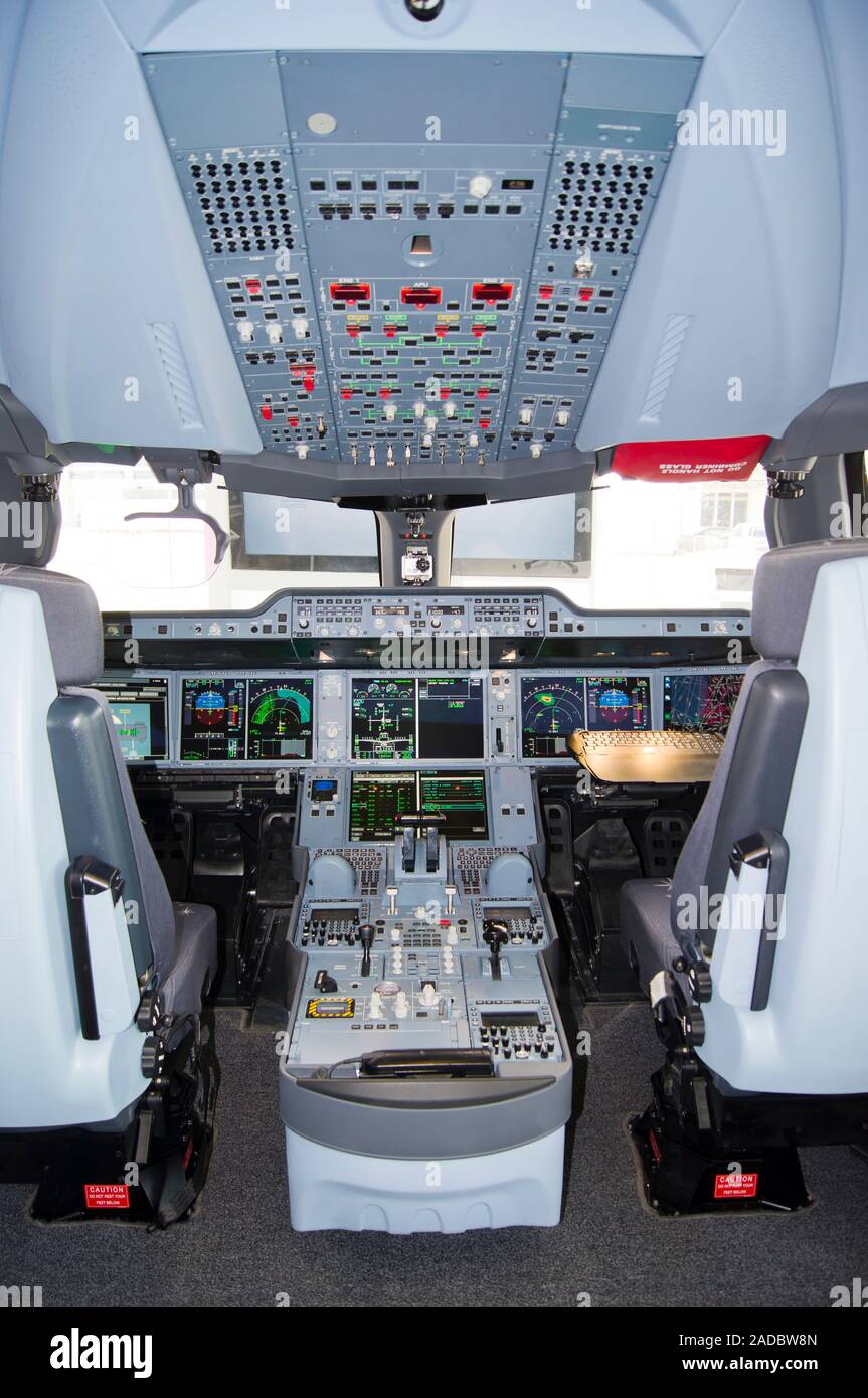 The cockpit of an Airbus A350 aircraft on display at the 2014 ...