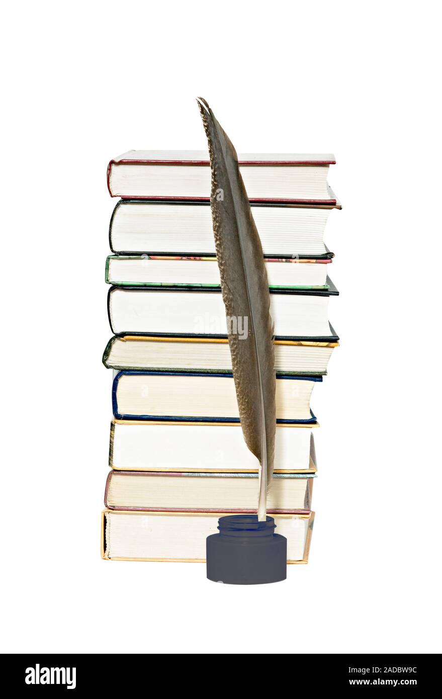 Books and inkwell with feather Stock Photo - Alamy