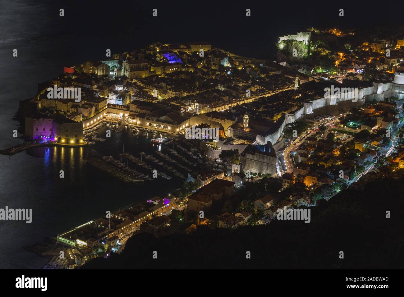 Night view from above upon old streets of Dubrovnik, Croatia Stock ...
