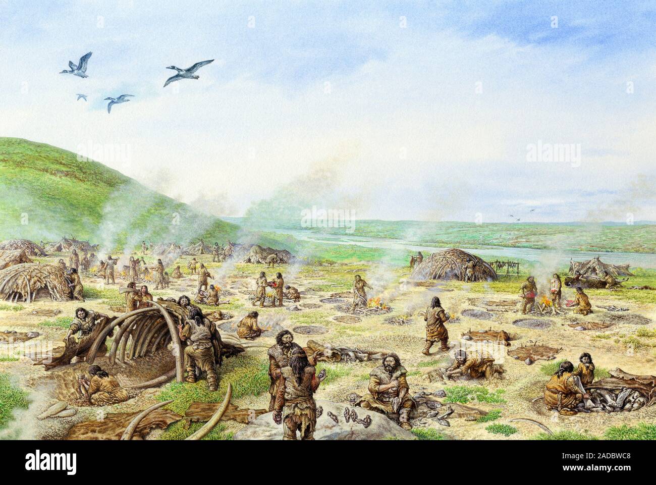 Palaeolithic Gravettian culture. Illustration of a settlement of early ...