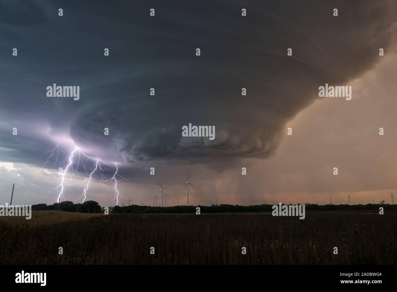 Supercell thunderstorm and lightning over rural Kansas, USA. Time ...