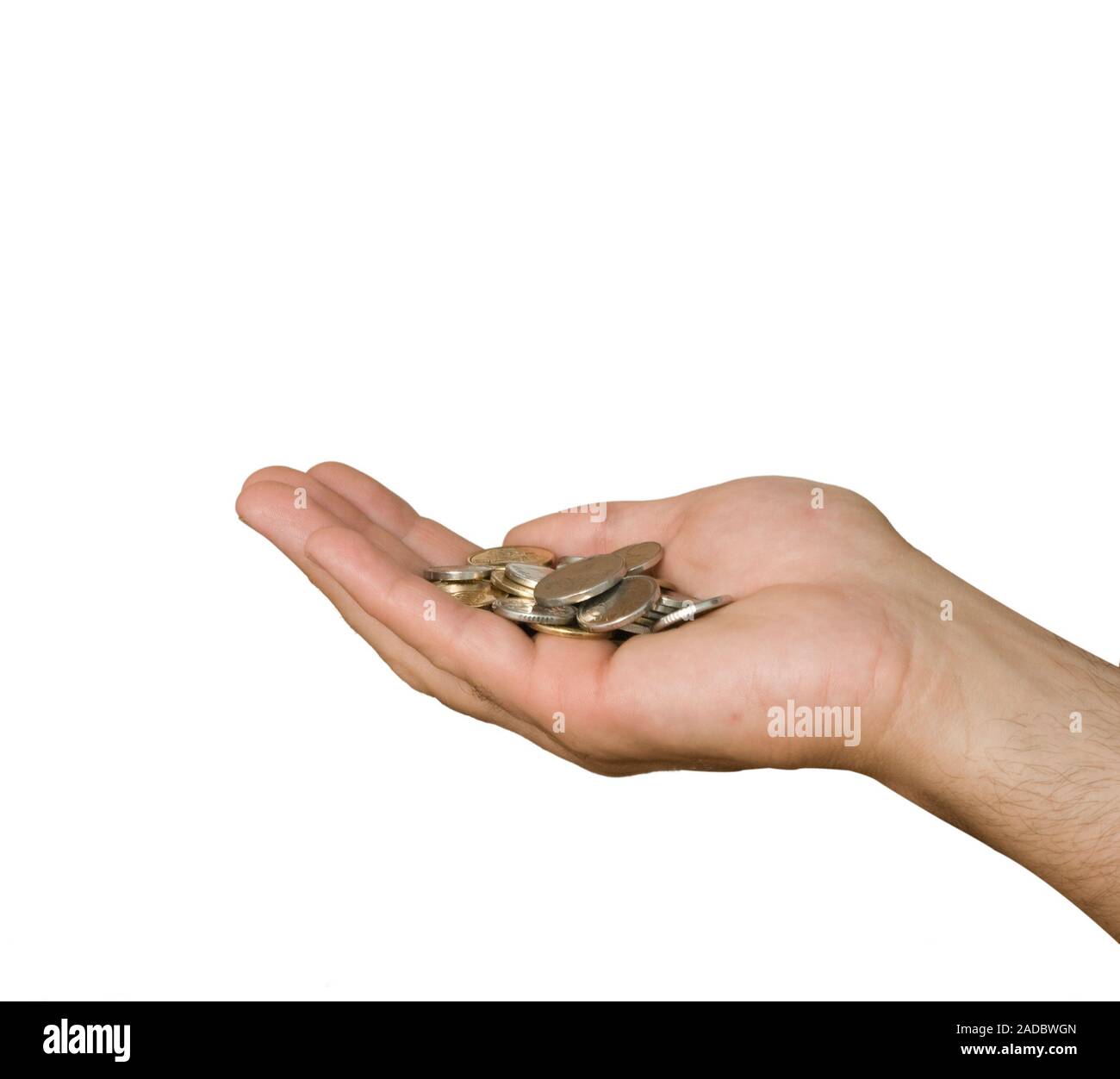 Hand with coins isolated on white background Stock Photo - Alamy