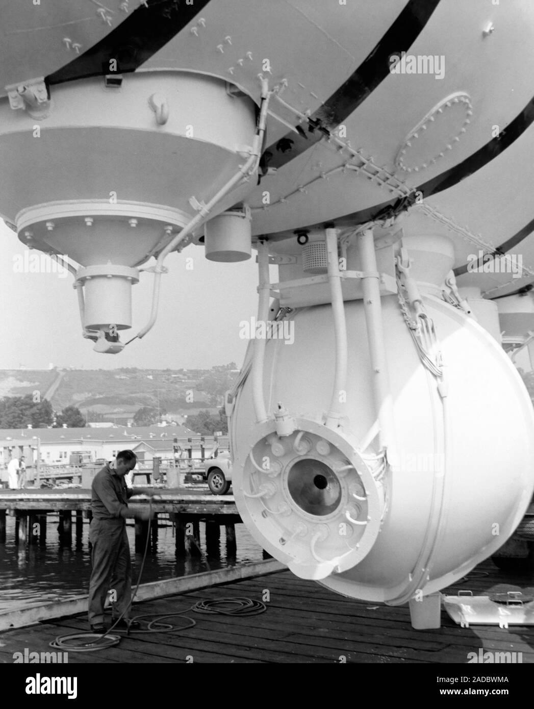 Trieste bathyscaphe. Close-up of the pressure sphere 'cabin' of the US ...
