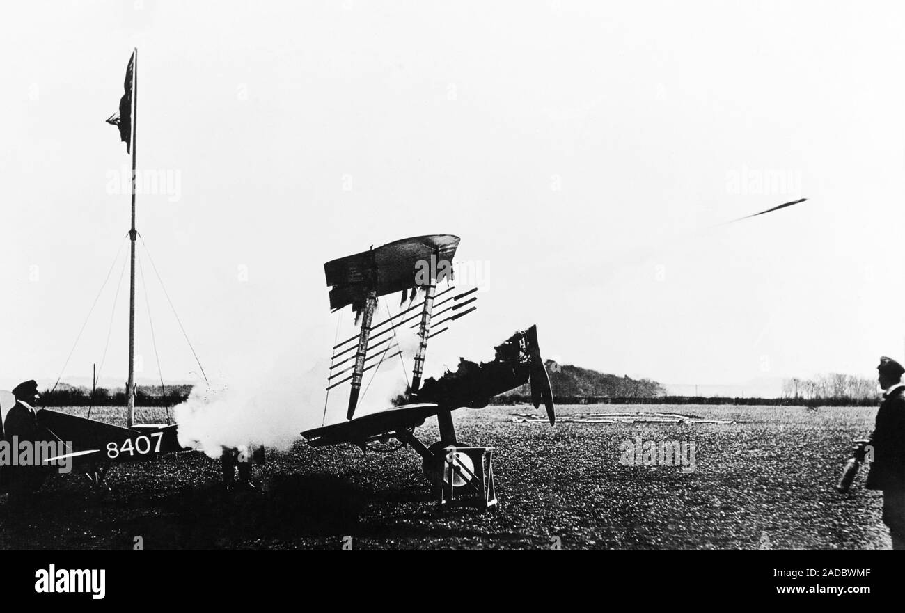 Anti-zeppelin rocket firing. British biplane firing an anti-aircraft ...