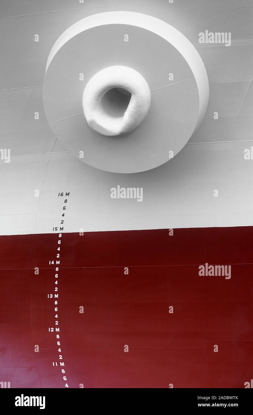 Anchor hole and draft markings. Close-up of a ship's anchor hole (upper ...