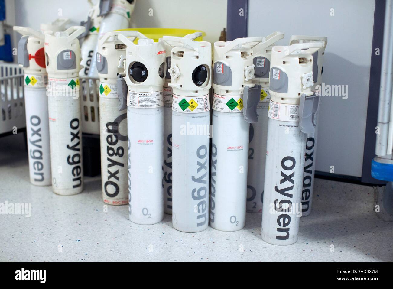 Medical oxygen cylinders. Oxygen cylinders in a hospital Stock Photo ...