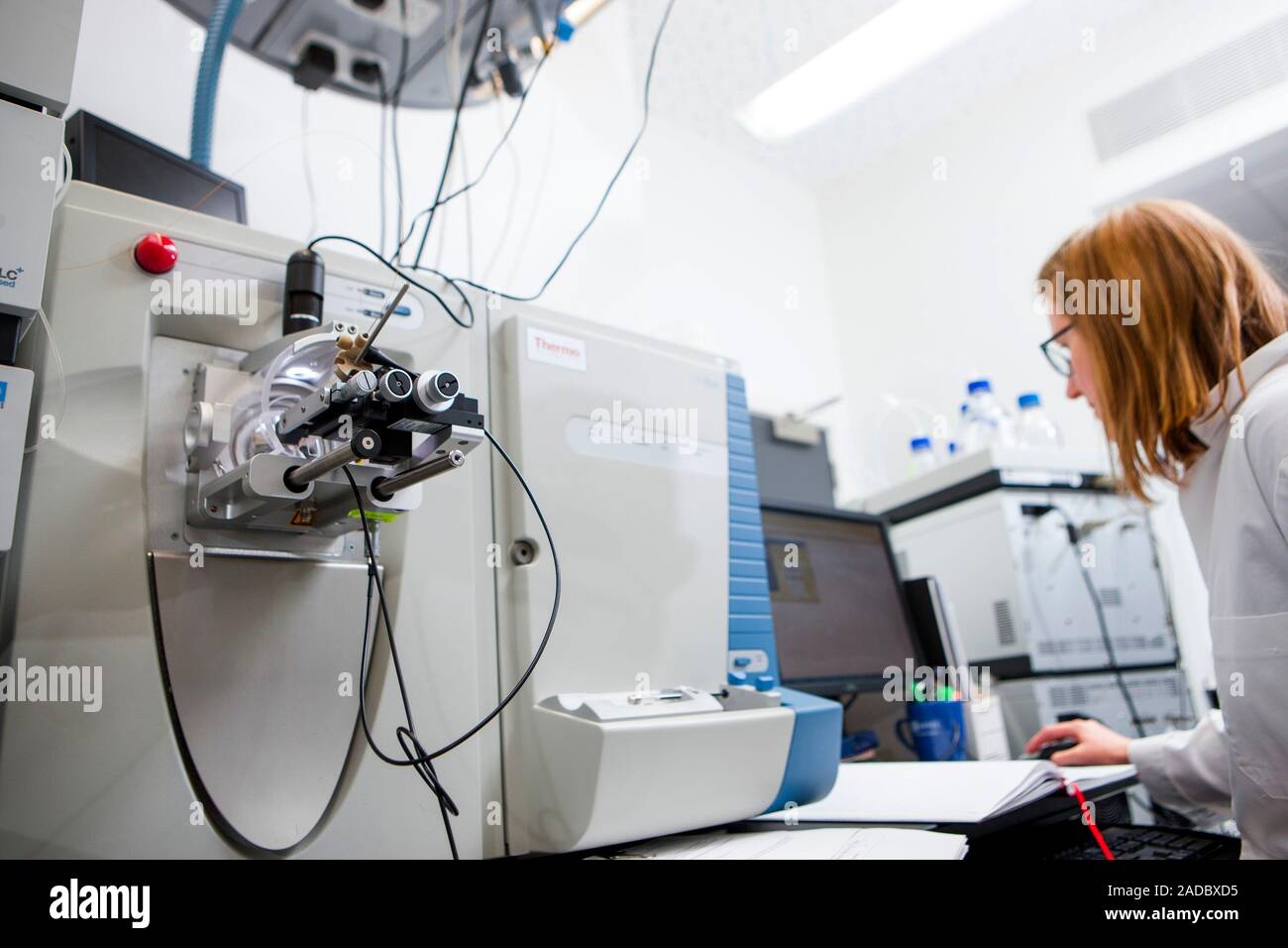 Proteomics and mass spectrometry analysis. Researcher using a mass ...