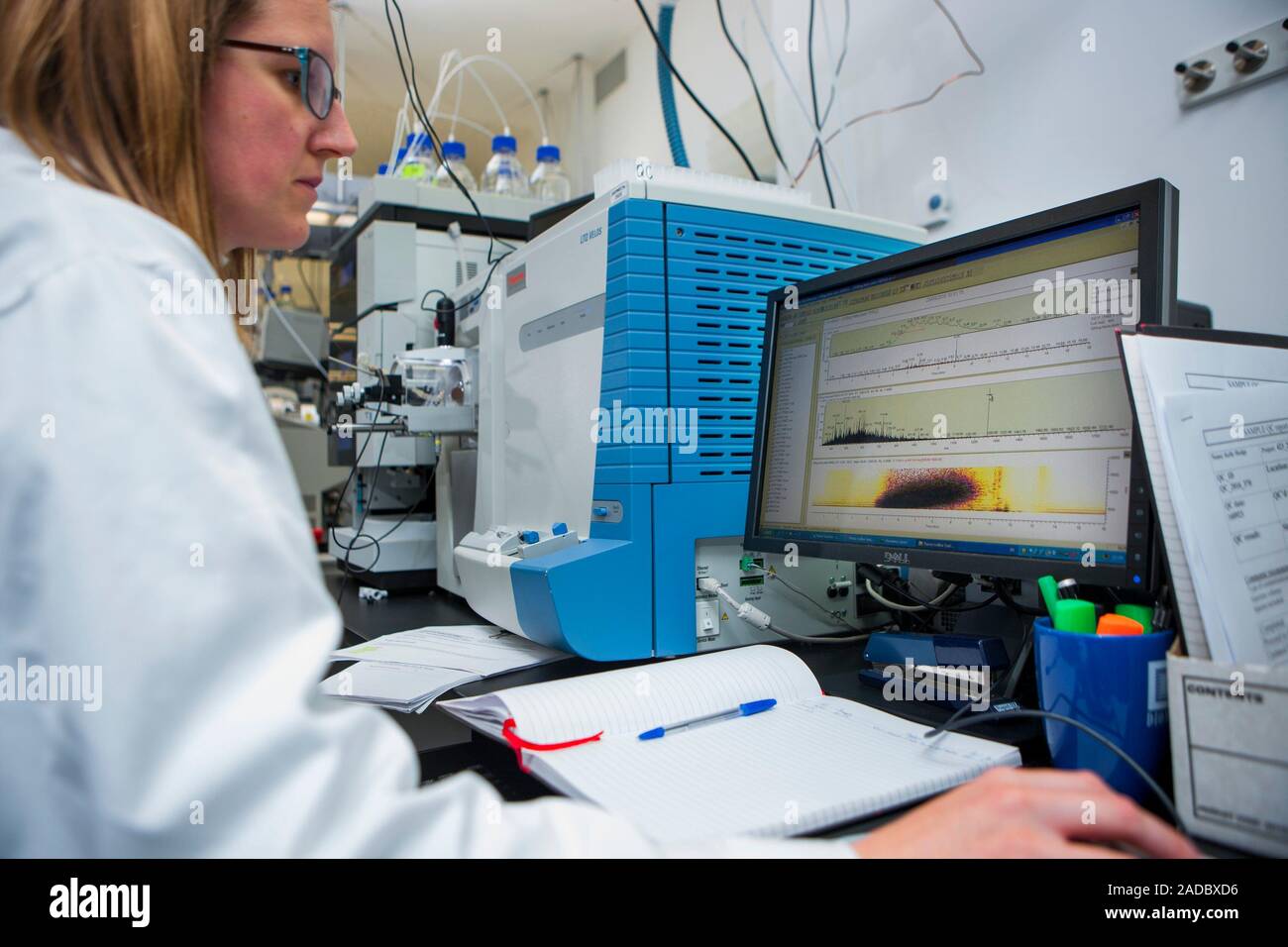 Proteomics and mass spectrometry analysis. Researcher using a mass spectrometer to analyse ...