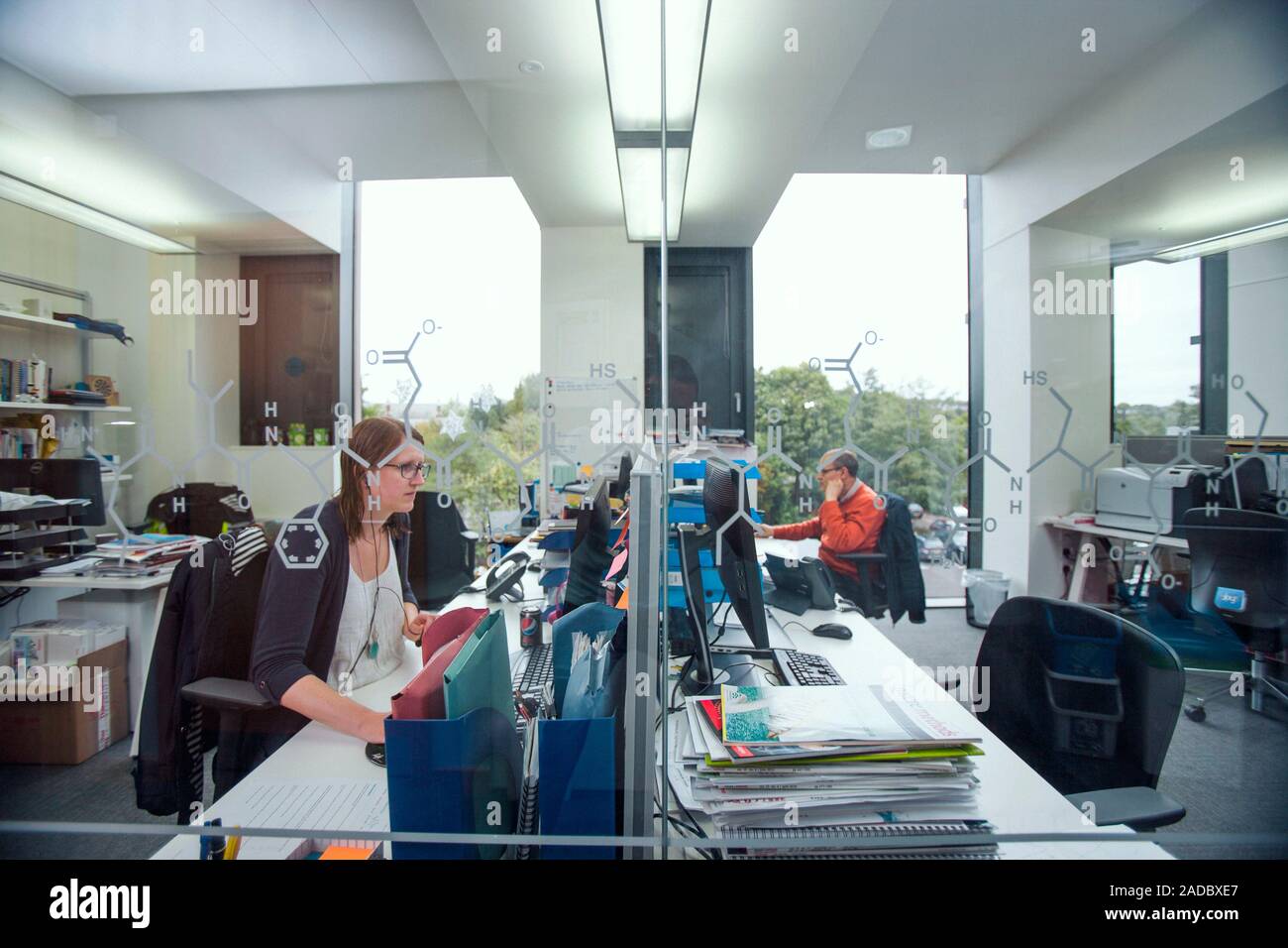 Proteomics research. Protein structures on a wall in a laboratory where researchers analyse and ...