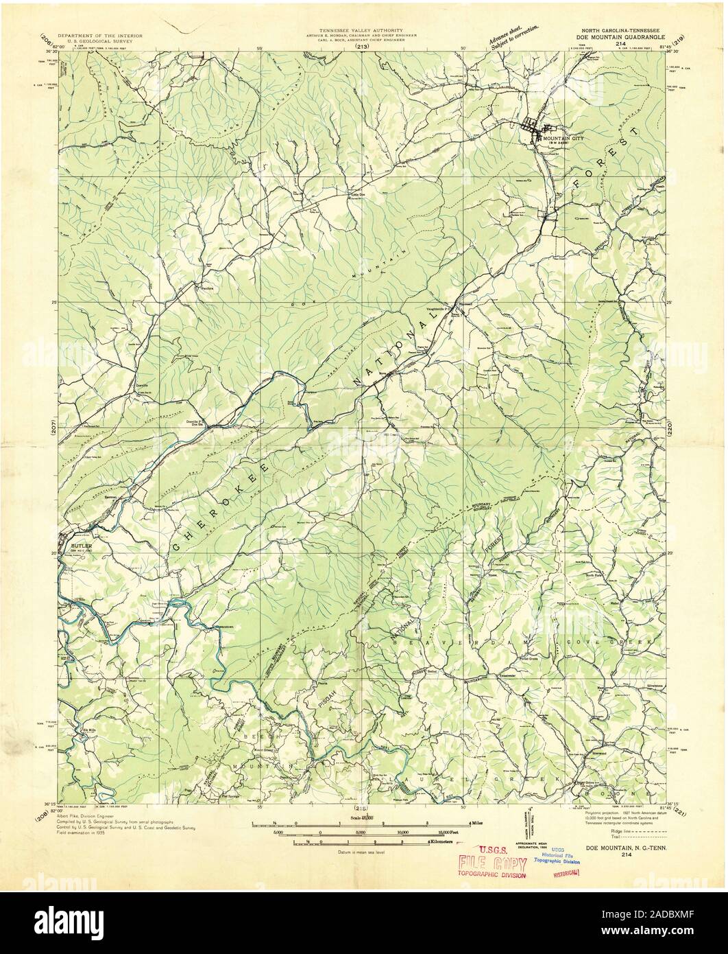 USGS TOPO Map Tennessee NC Doe Mountain 162411 1935 48000 Restoration ...