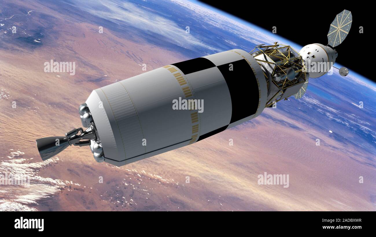 Altair and Orion spacecraft in Earth orbit. Illustration of a planned mission to the Moon, with ...