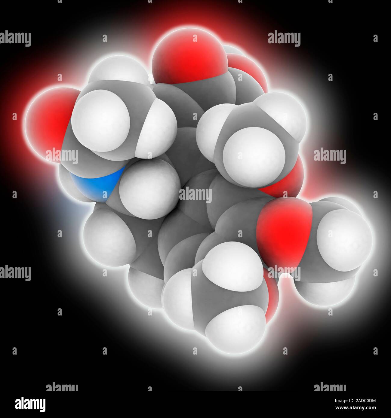 Colchicine. Molecular model of the drug colchicine (C22.H25.N.O6). This ...