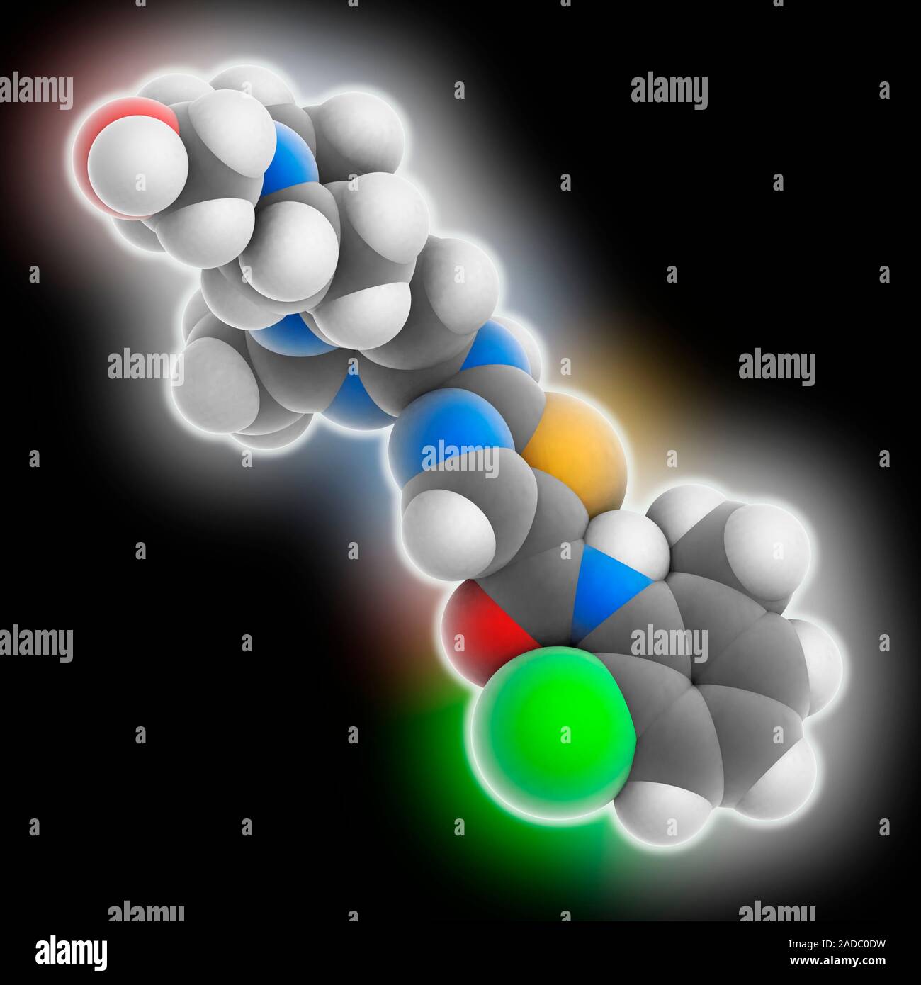 Dasatinib. Molecular model of the cancer drug dasatinib (C22.H26.Cl.N7 ...